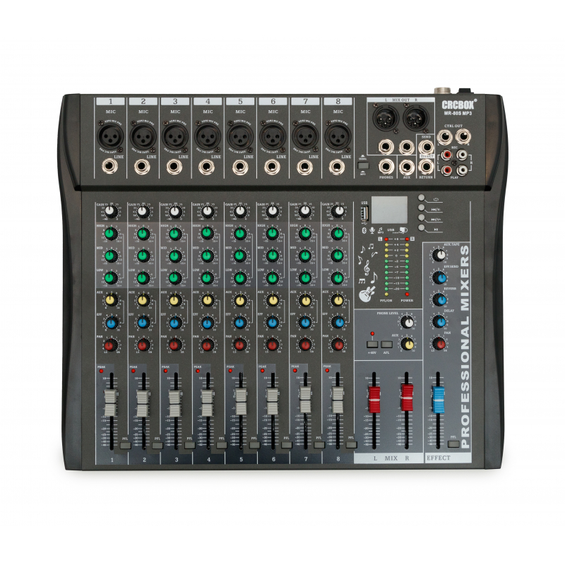 CRCBOX MR-80S Аналоговый микшер, 7 моно входов, 1 стерео вход, 3-полосный эквалайзер, 1 FX ...
